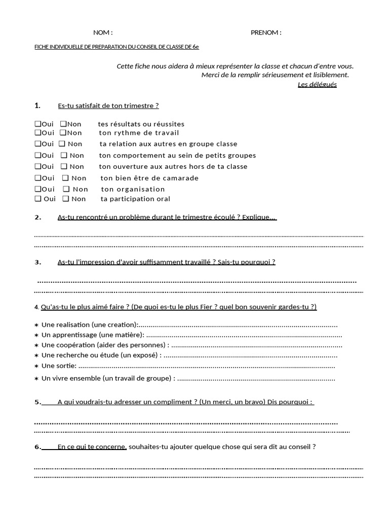 Questionnaire Conseil de Classe 6e | PDF