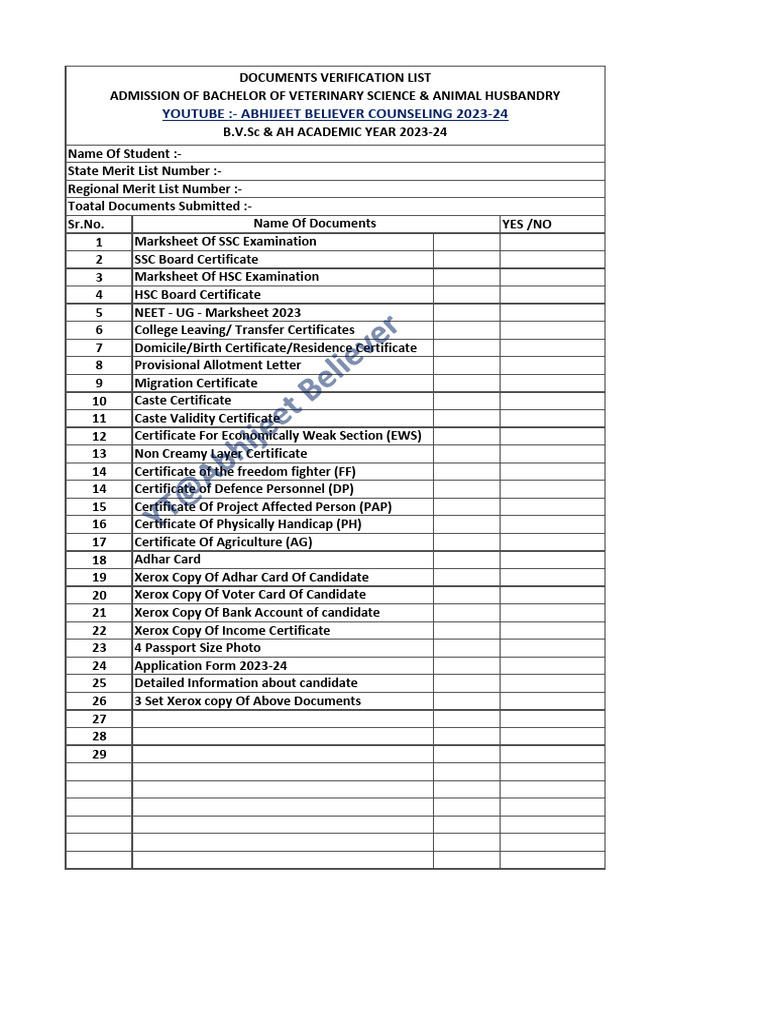 BVSC & AH Admission Document List @ABHIJEET BELIEVER | PDF | Law | Science & Mathematics