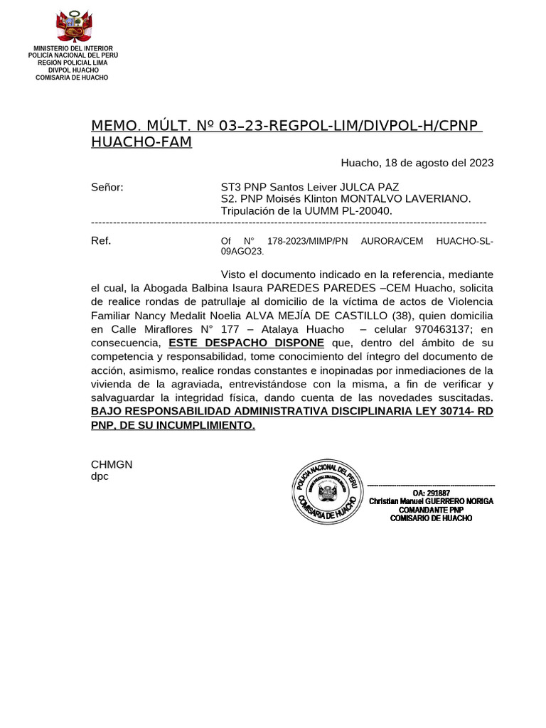 Memo. Mult 03-2023 - Calle Miraflores | PDF