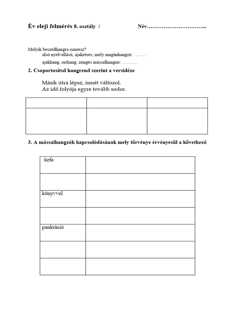 Nyelvtan 8. - Év Eleji Felmérés 8 | PDF