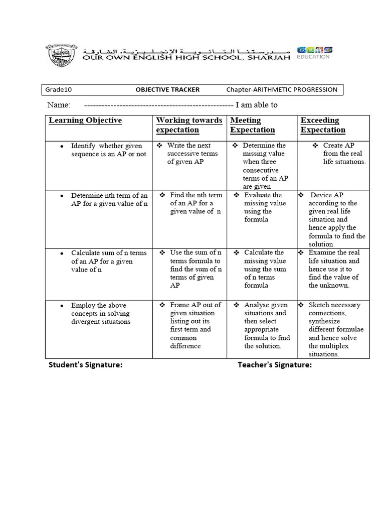 OOS - 2024-25 - Grade10 - Objective Tracker - Arithmetic Progressions | PDF
