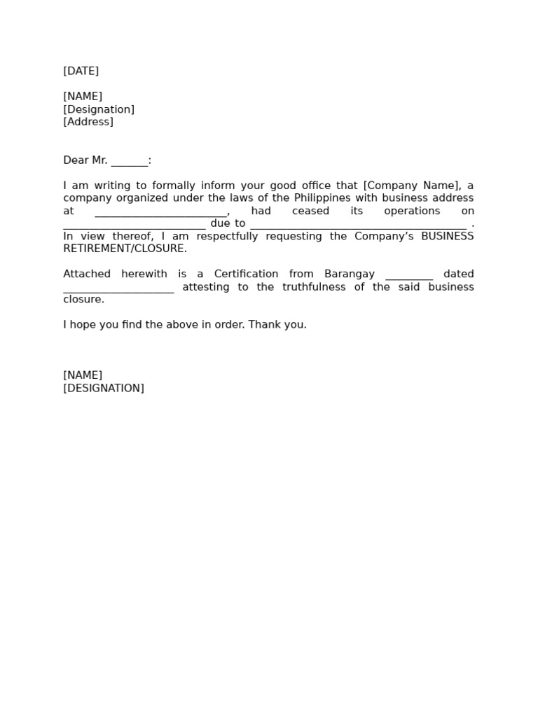 Letter of Business Closure Template | PDF