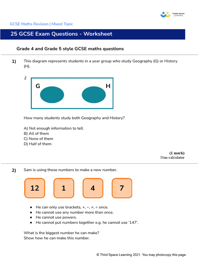 25 GCSE Exam Questions Worksheet | PDF