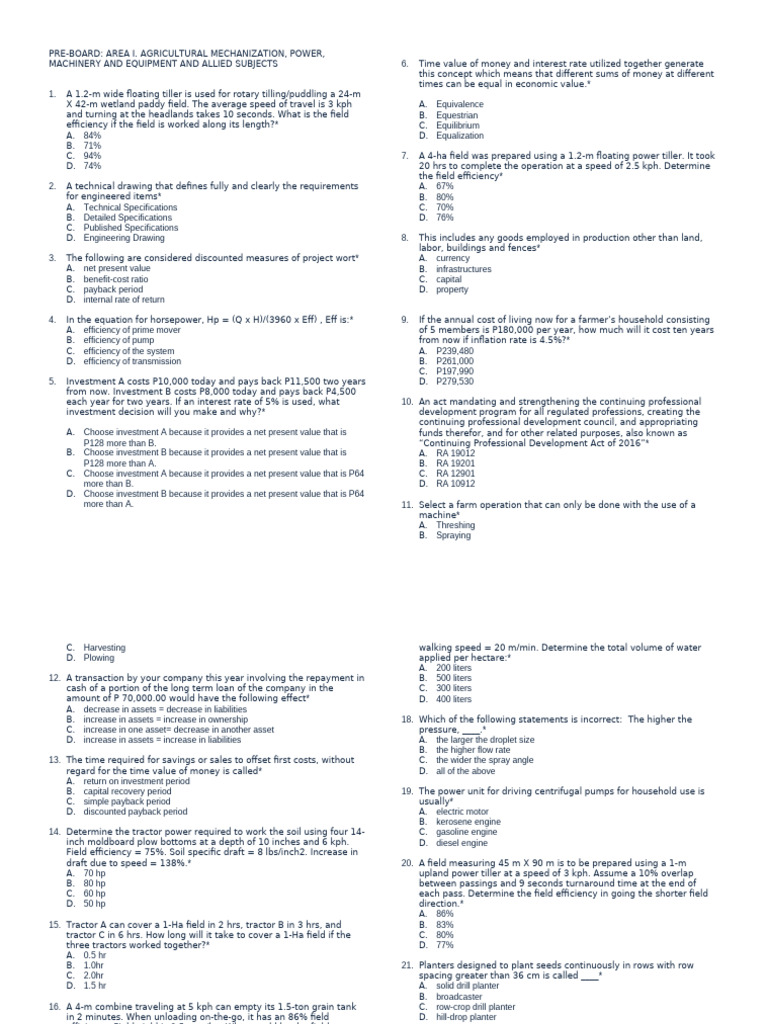 AREA 1 (AMPE CLSU) PRE TEST | PDF