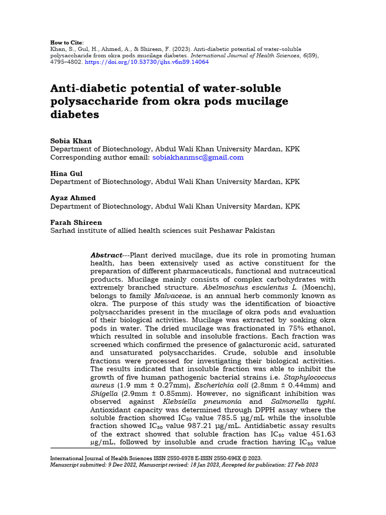 Anti-Diabetic Potential of Water-Soluble Polysaccharide From Okra Pods ...