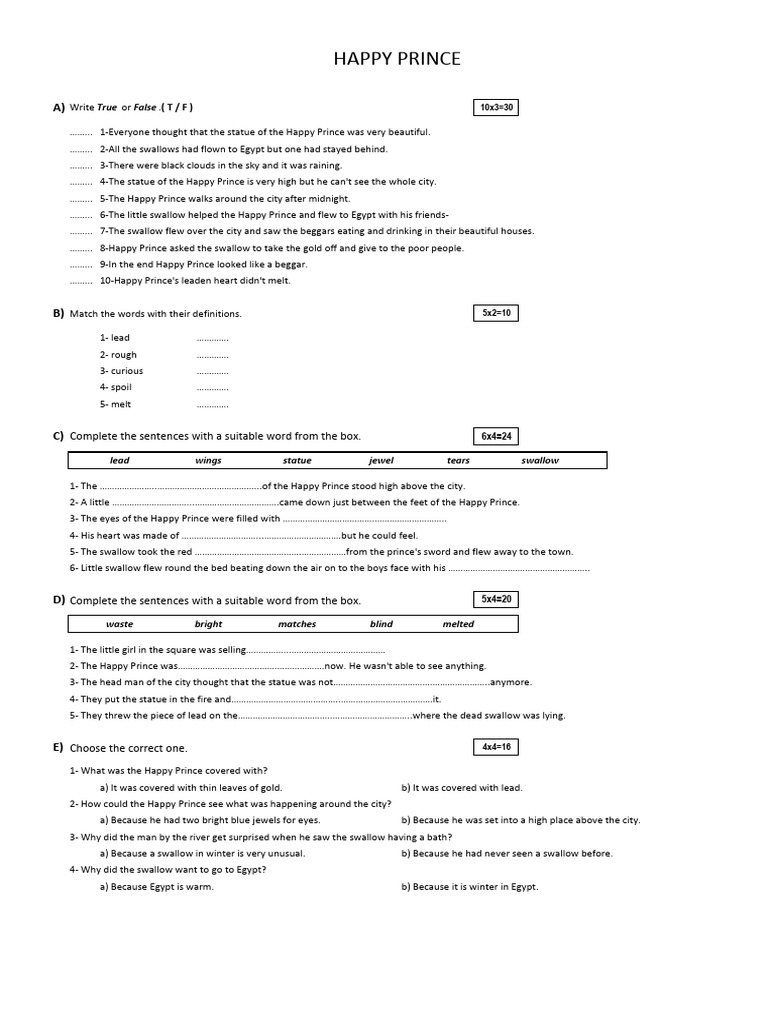 Happy Prince Worksheet | PDF