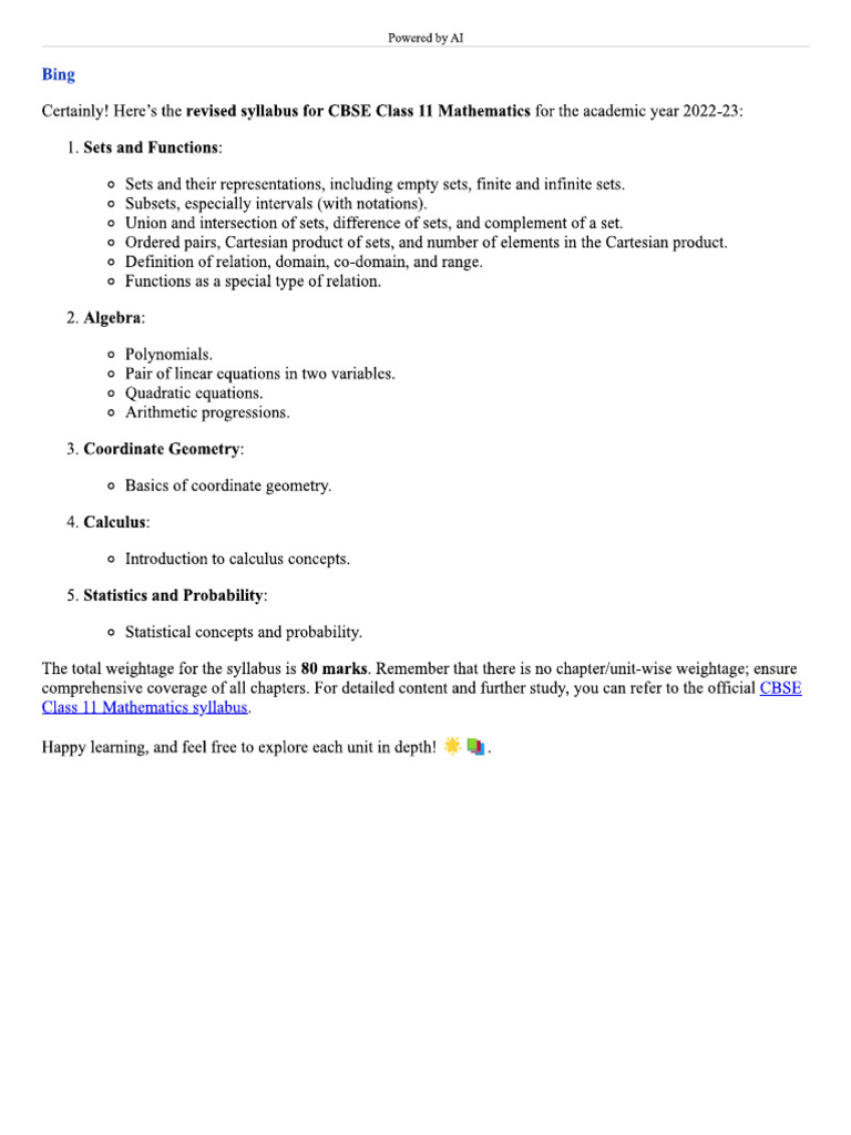 Maths Class 11 Detailed Syllabus | PDF