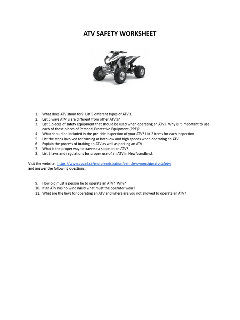 ATV SAFETY WORKSHEET | PDF