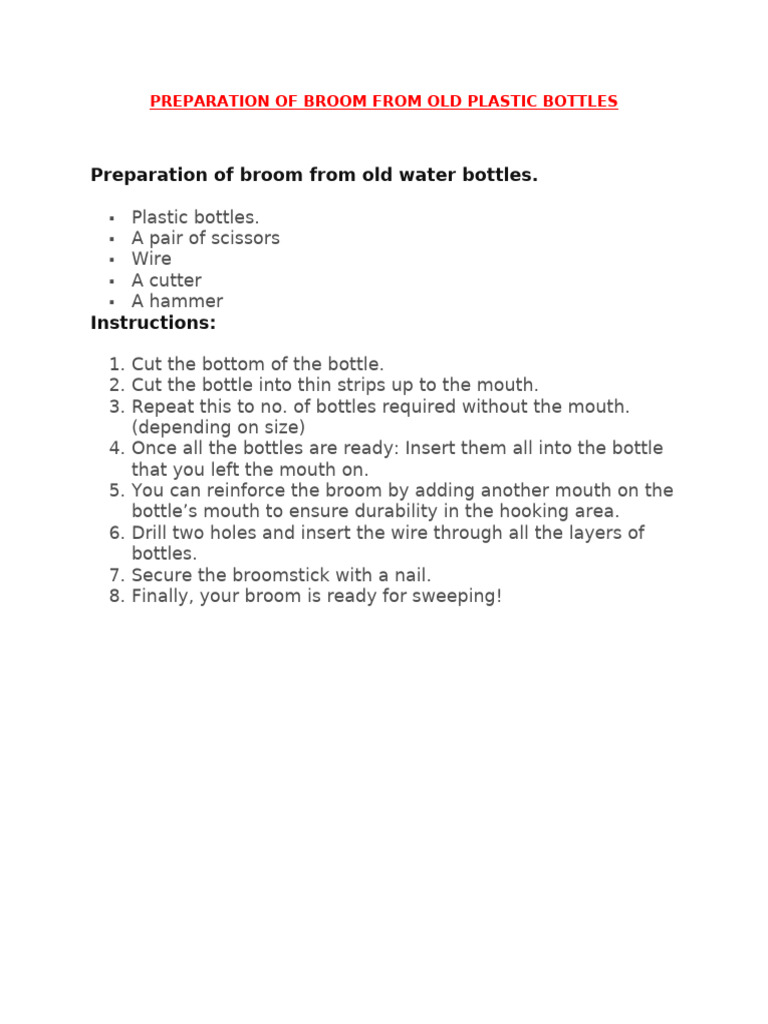 Preparation of Broom From Old Plastic Bottles | PDF