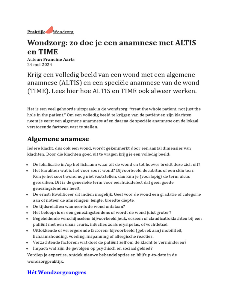 Aarts F 2024. Wondzorg Zo Doe Je Een Anamnese Met ALTIS en TIME ...