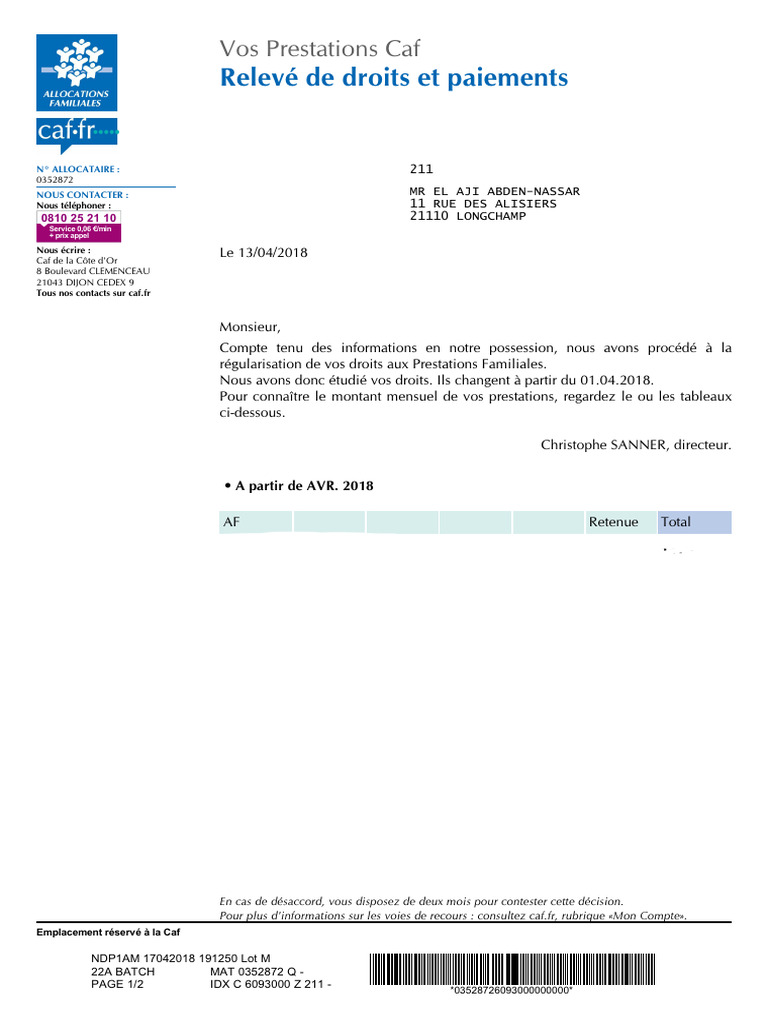 Relevé de Droits Et Paiements: Vos Prestations Caf | PDF
