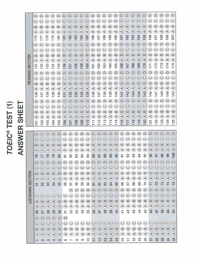 TOEIC Test 1 Answer Sheet | PDF