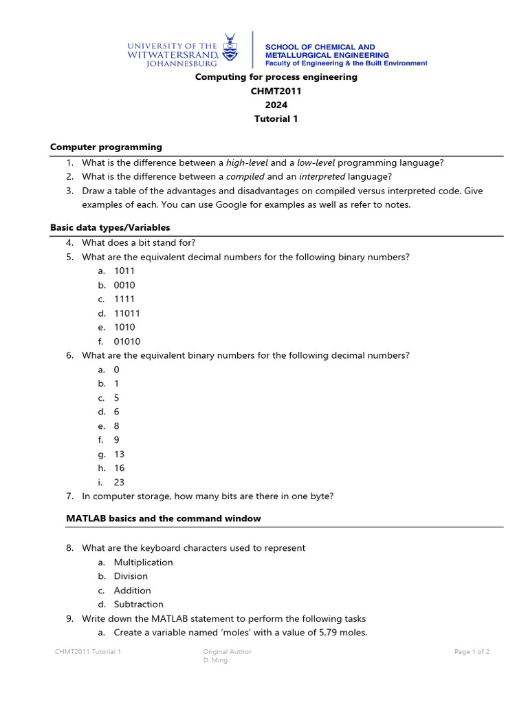 CHMT2011 Tutorial 1 | PDF