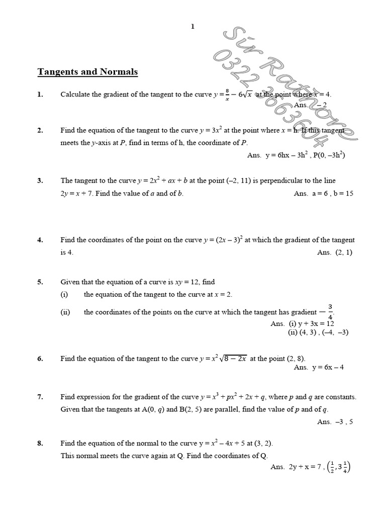 Tangents and Normals Calculations | PDF | Tangent | Teaching Methods ...
