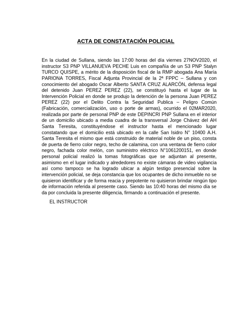 Acta de Constatacion Policial Depincri Pnp 2020 | PDF