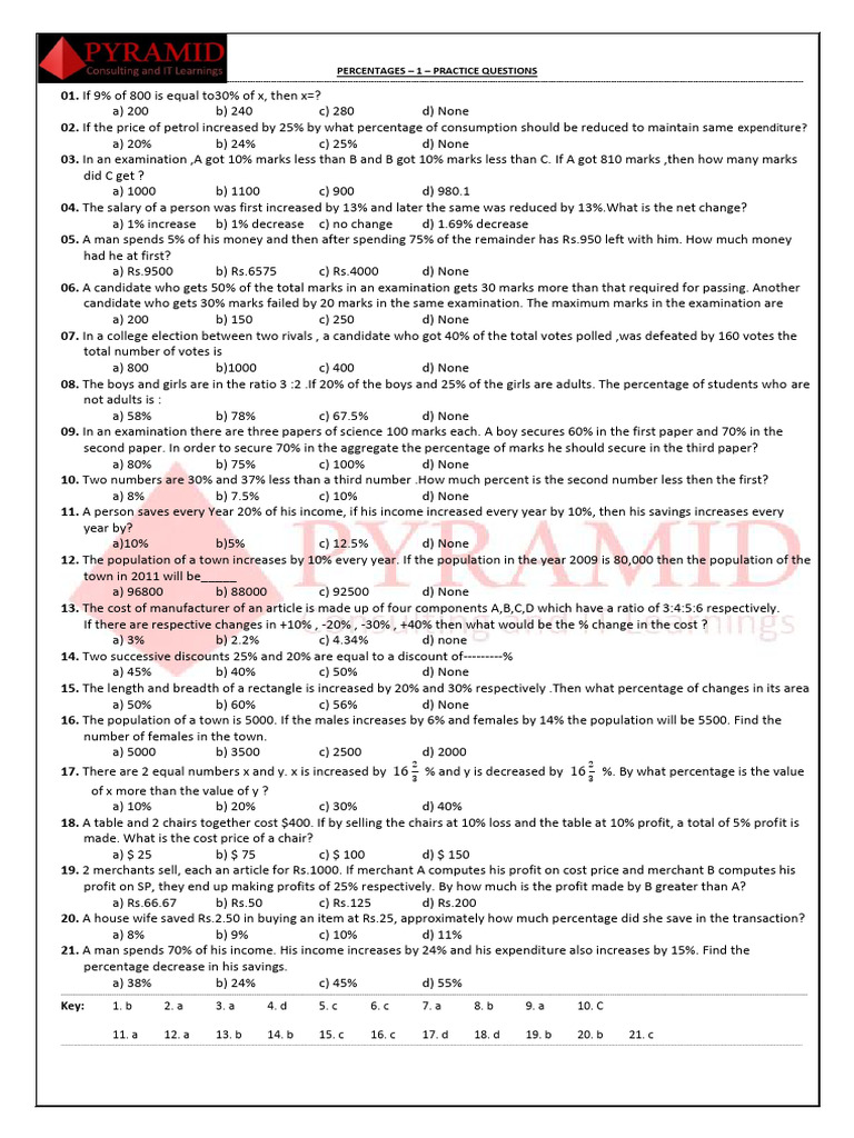 Percentages - Practice Sheet - Pyramid | PDF