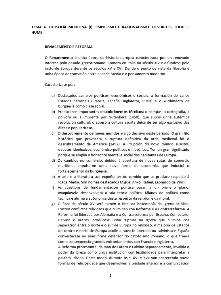 FILOSOFÍA MODERNA (I) - Empirismo e Racionalismo. Descartes, Locke e ...