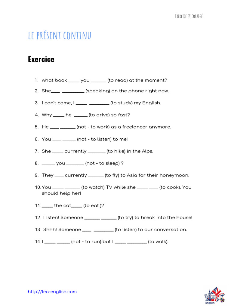 Présent Continu - Exercice Et Corrigé | PDF