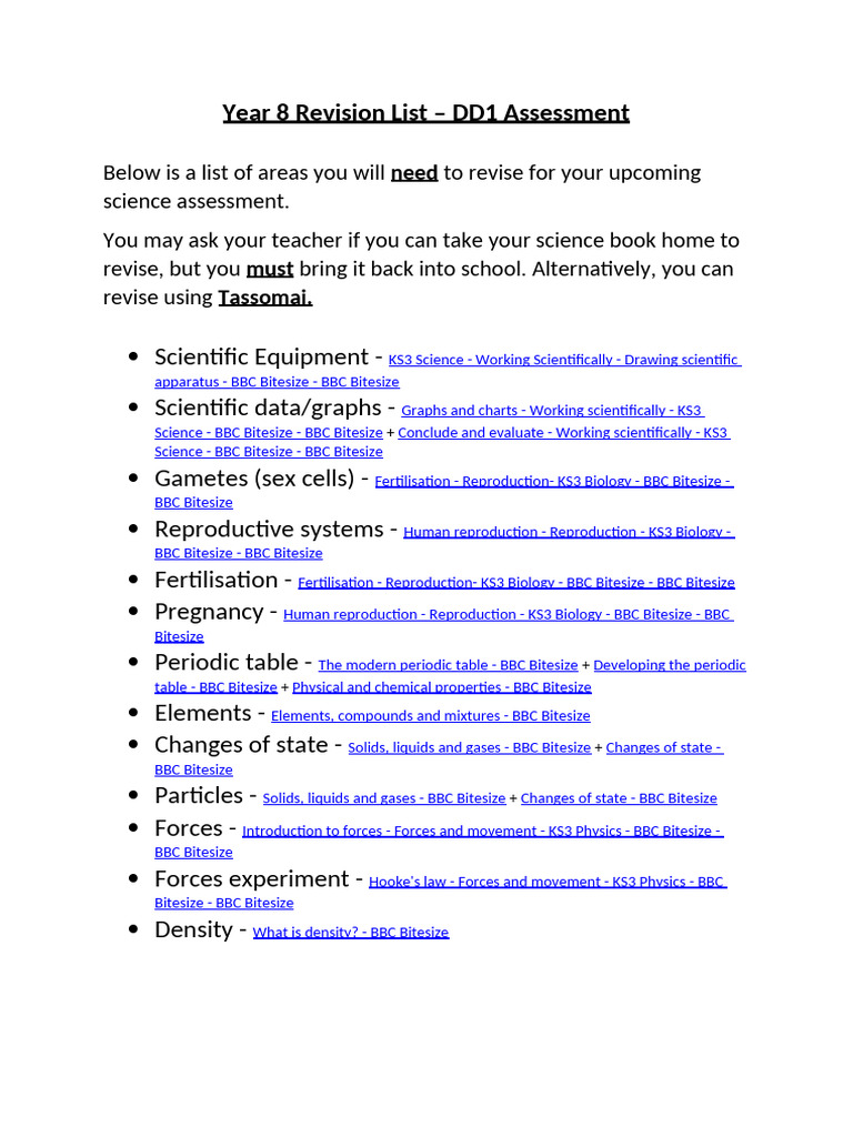 Year 8 Revision List - DD1 Assessment | PDF