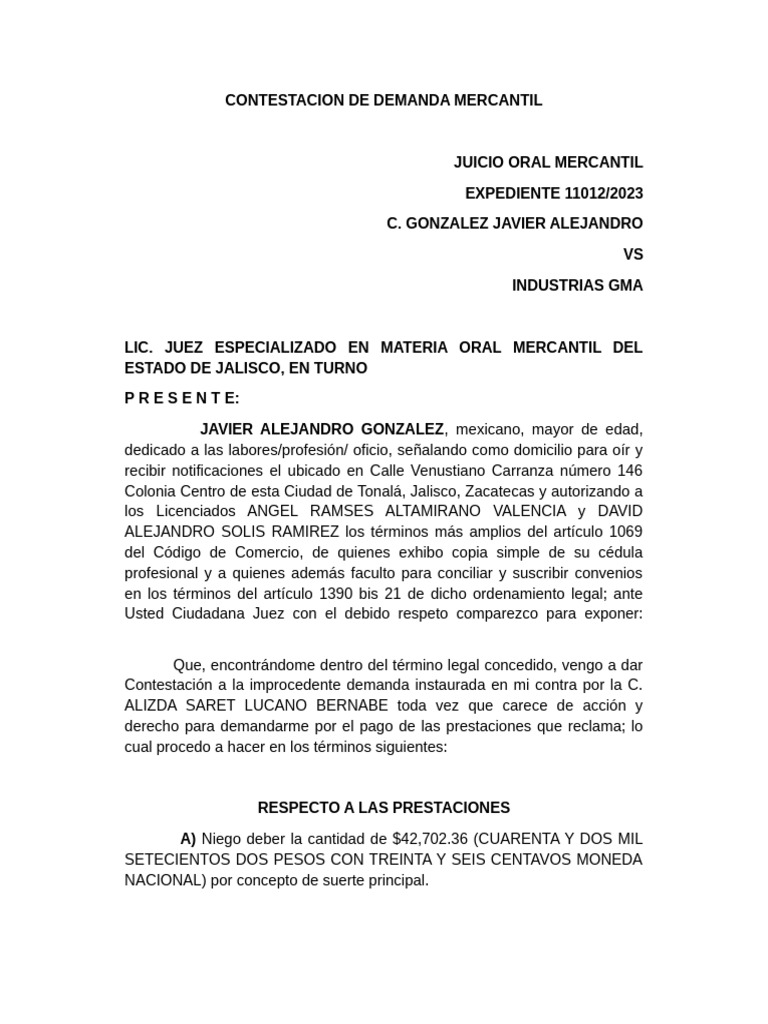 Contestacion De Demanda Mercantil Recuperado Automáticamente Pdf