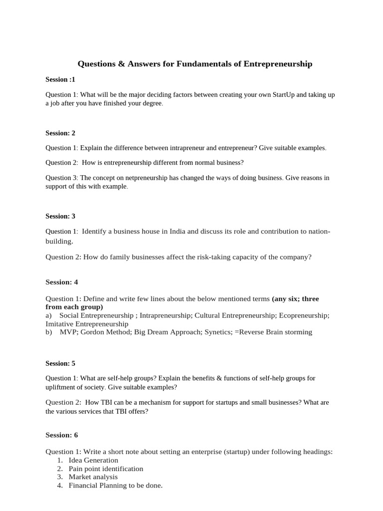 Questions & Answers For Fundamentals of Entrepreneurship | PDF