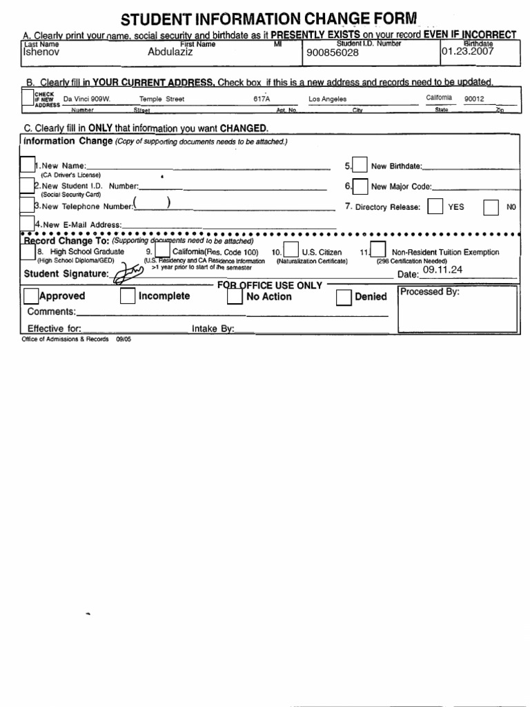 Копия Student Information Change Form Fillable | PDF