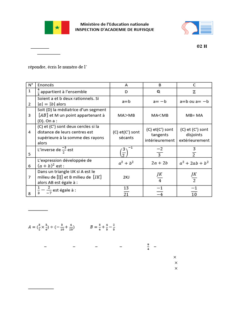 Epreuve 1 Composition Maths 4ième Validée | PDF