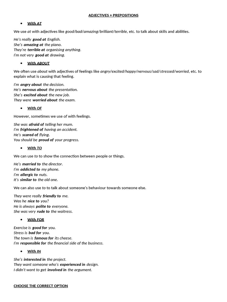 Adjectives + Prepositions | PDF