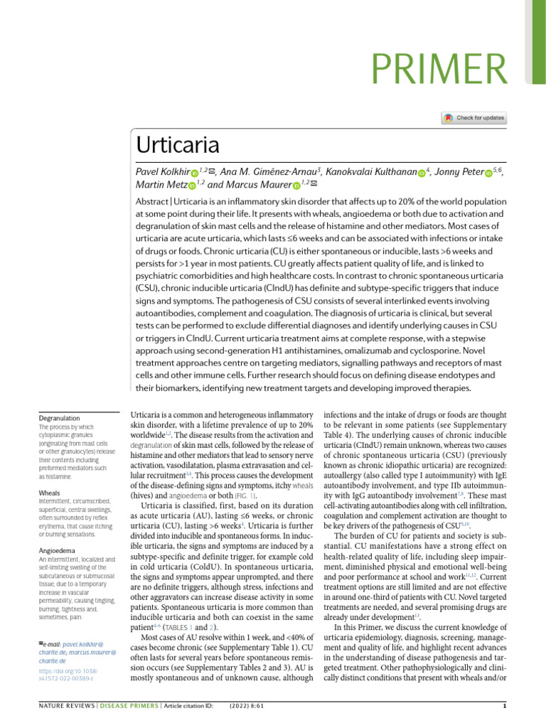 Urticaria - Primer, Natures Review s41572-022-00389-z | PDF