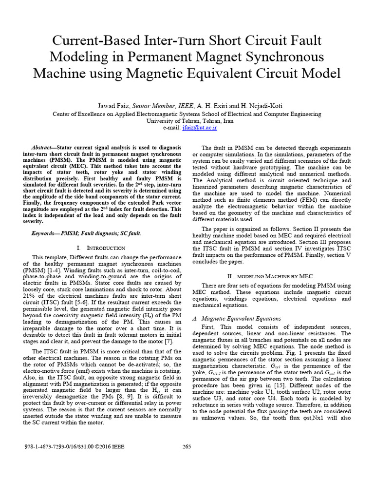 Current-Based Inter-Turn Short Circuit Fault Modeling in Permanent Magnet Synchronous Machine ...