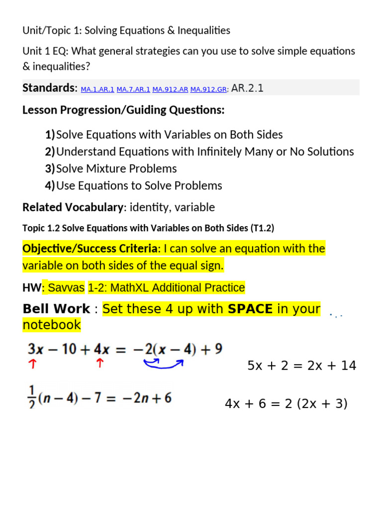 1.2 Solve Equations Variables both sides | PDF