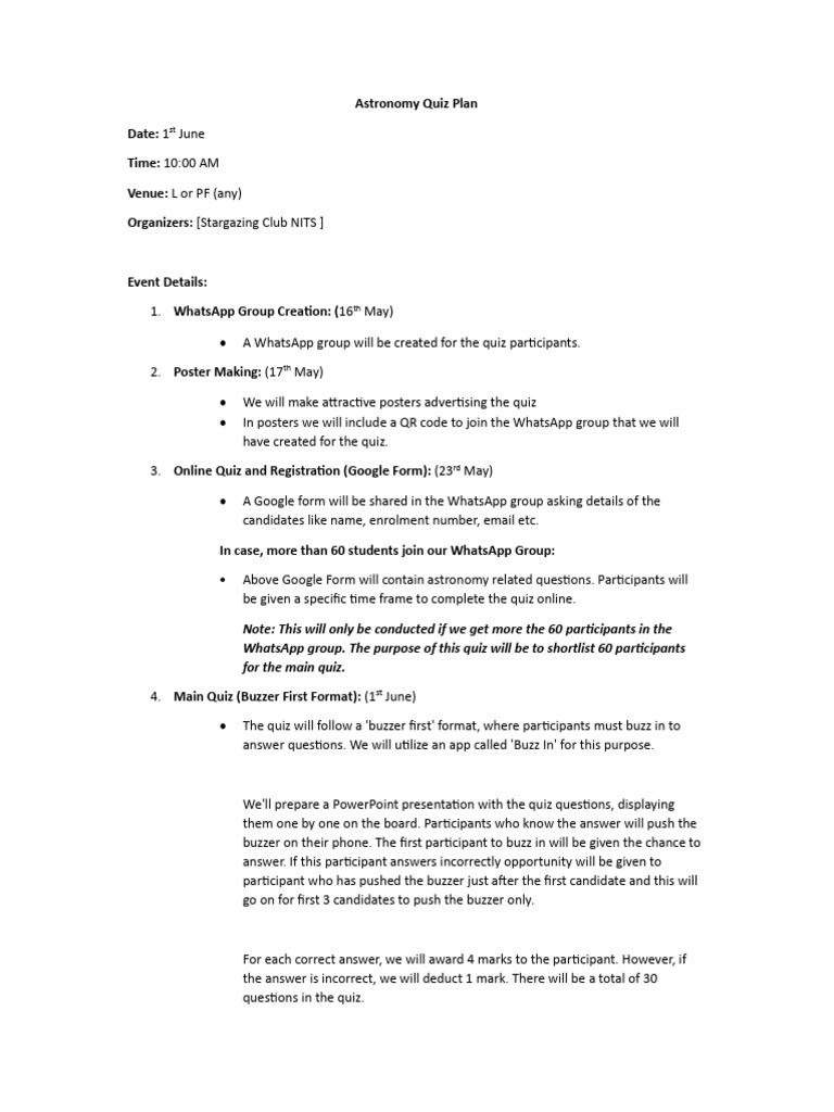 Astronomy Quiz Plan | PDF