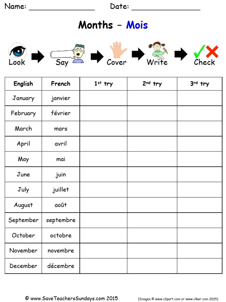 Months in French Worksheet (Spelling Practice) | PDF