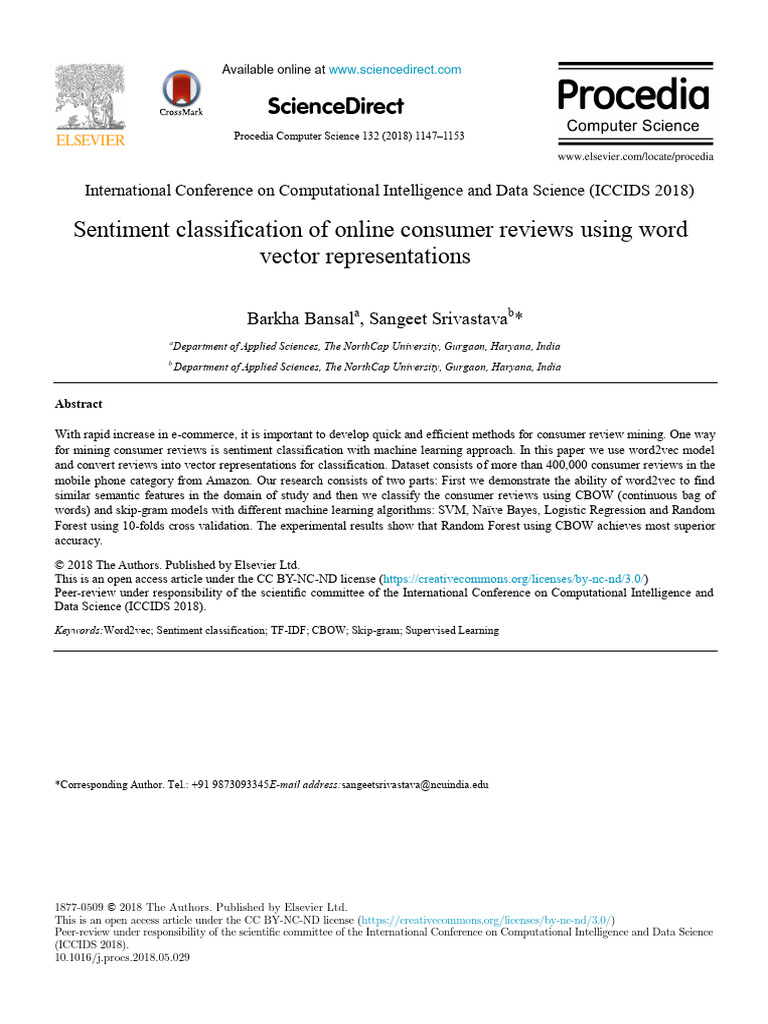 Sentiment Classification of Online Consumer Reviews Using Word Vector Representations | PDF