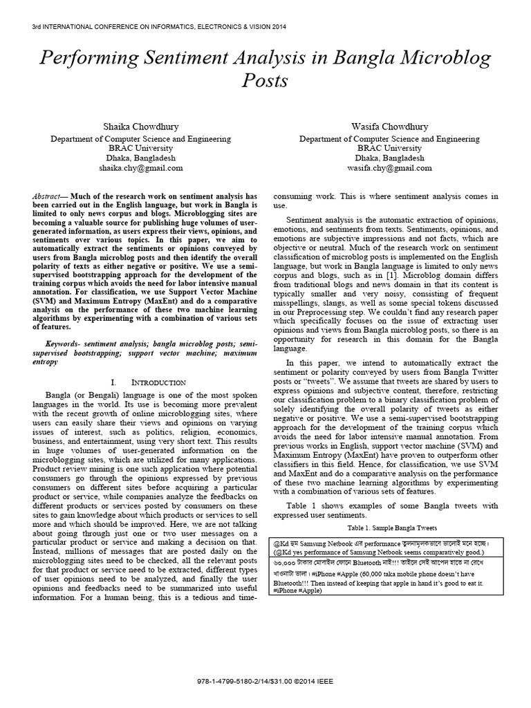 Performing Sentiment Analysis in Bangla Microblog Posts | PDF