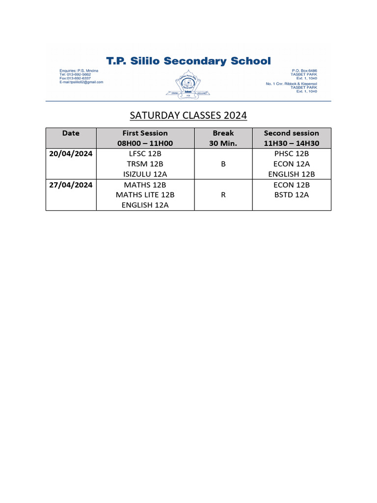 2024 Saturday Classes Timetable | PDF