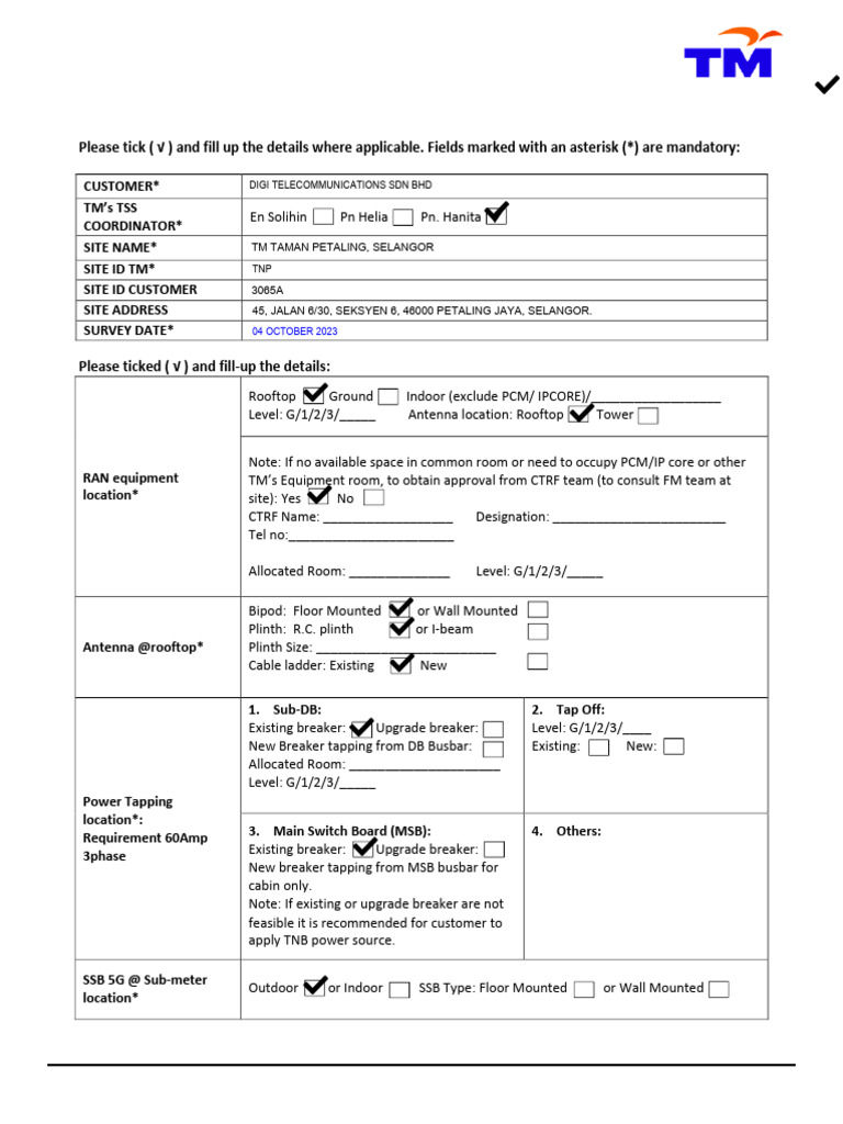 TSS Checklist H1 050523 - TM Taman Petaling (TNP) | PDF