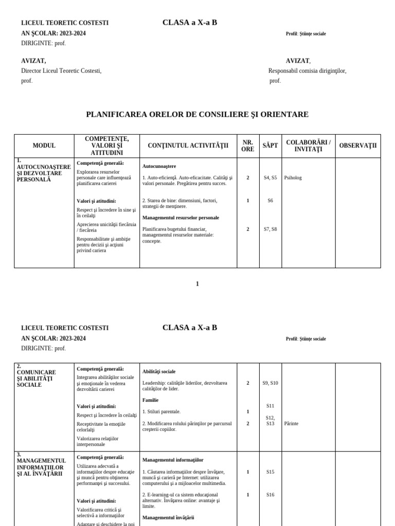 Planificare Dirigentie CLS.X | PDF