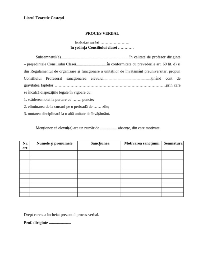 Proces Verbal Consiliul Clasei - Sanctiuni | PDF