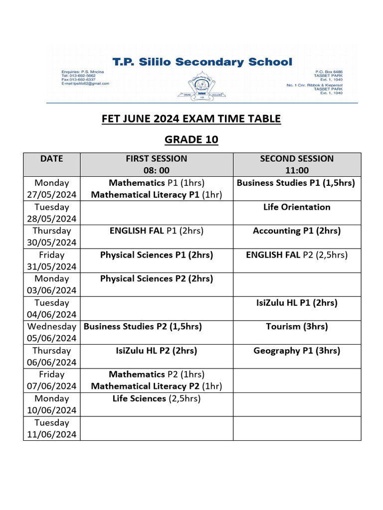 2024 Fet June Exam Time Table | PDF