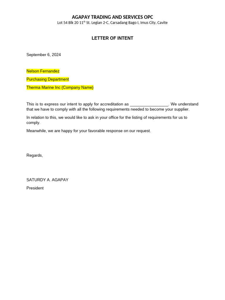 LETTER of INTENT - To Apply as Supplier | PDF