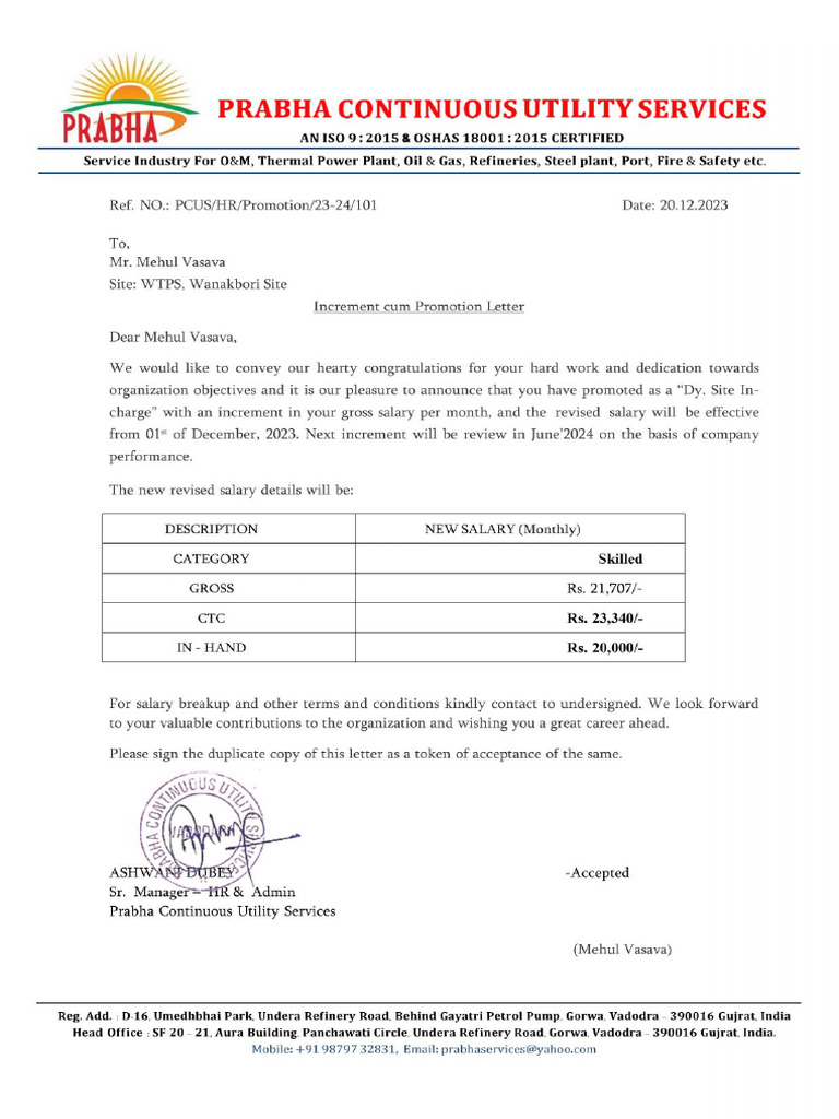 Increment Cum Promotion Letter Mehul Vasava | PDF