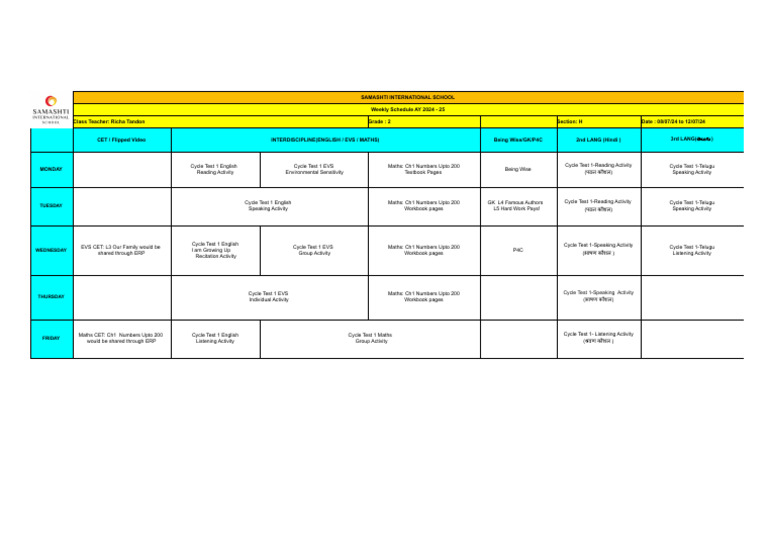 Samashti International School Weekly Schedule AY 2024 - 25 Class ...