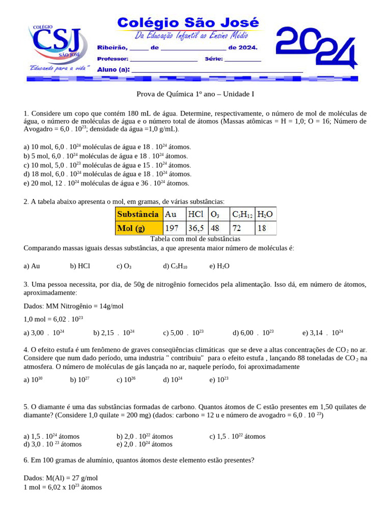 Prova De Química 1º Ano Unidade I Pdf
