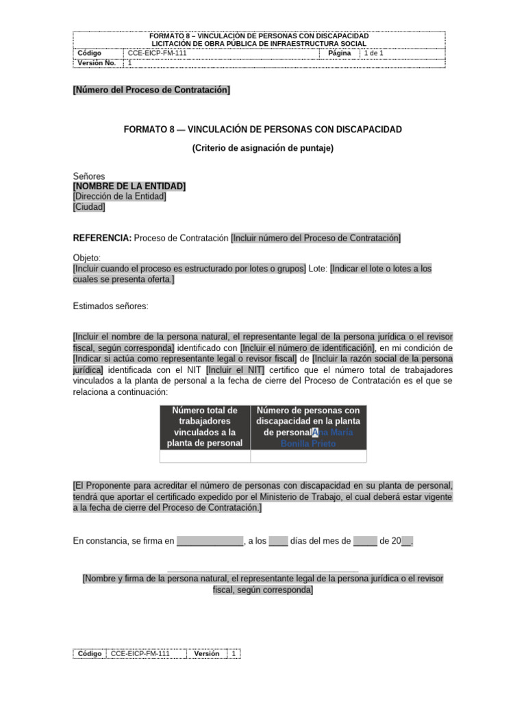 Formato 8 - Vinculaci N de Personas Con Discapacidad CCE-EICP-FM-111 | PDF