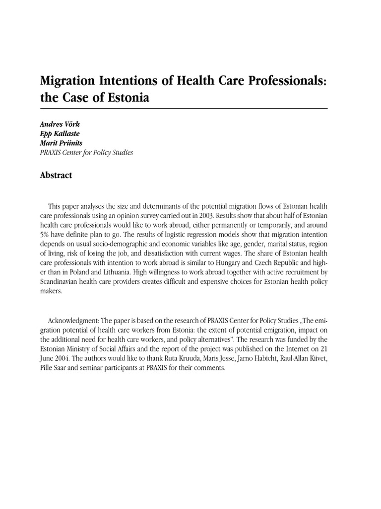 2004 Migration Intentions of Health Care Professionals | PDF