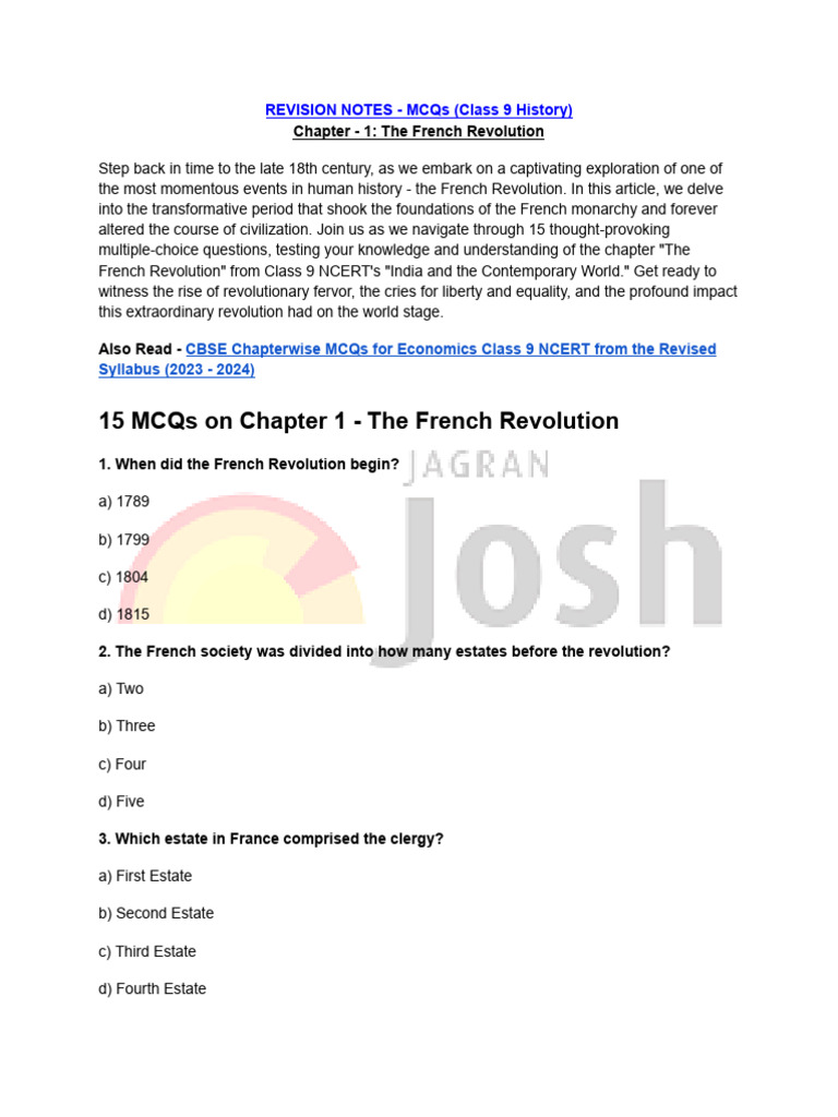 Class 9 History: French Revolution MCQs | PDF | Reign Of Terror ...