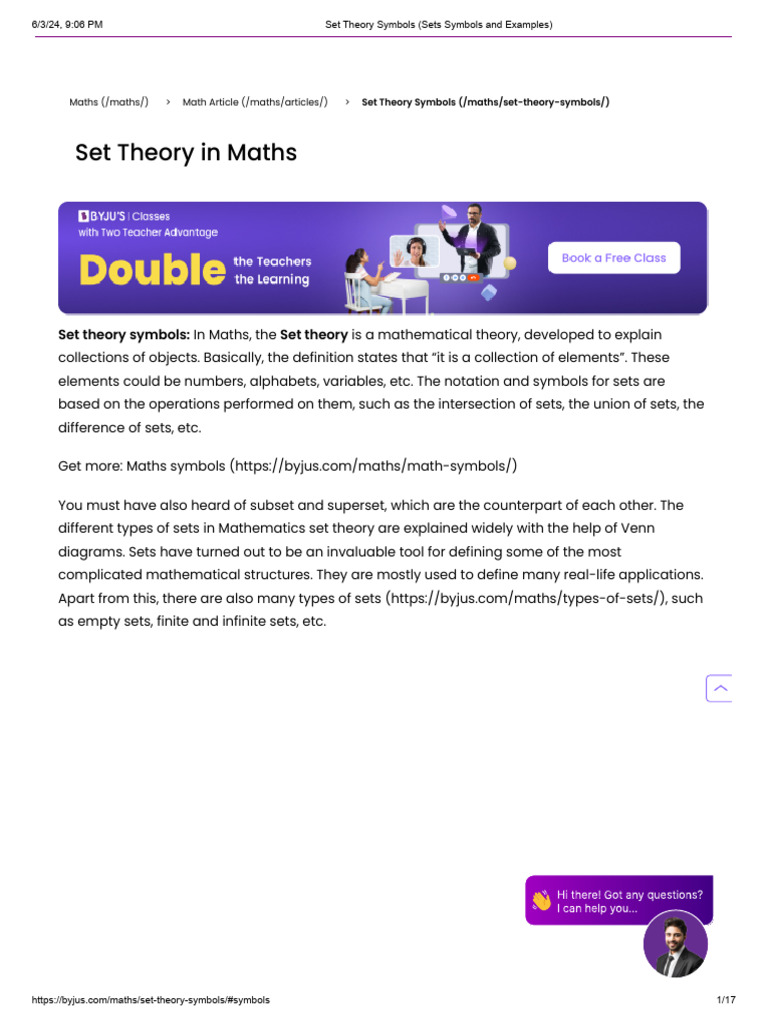 Set Theory Symbols Sets Symbols And Examples Pdf 