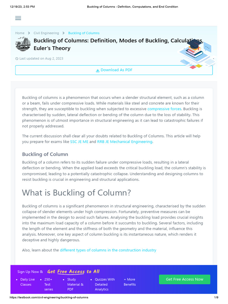 Buckling of Columns - Definition, Computations, and End Condition | PDF
