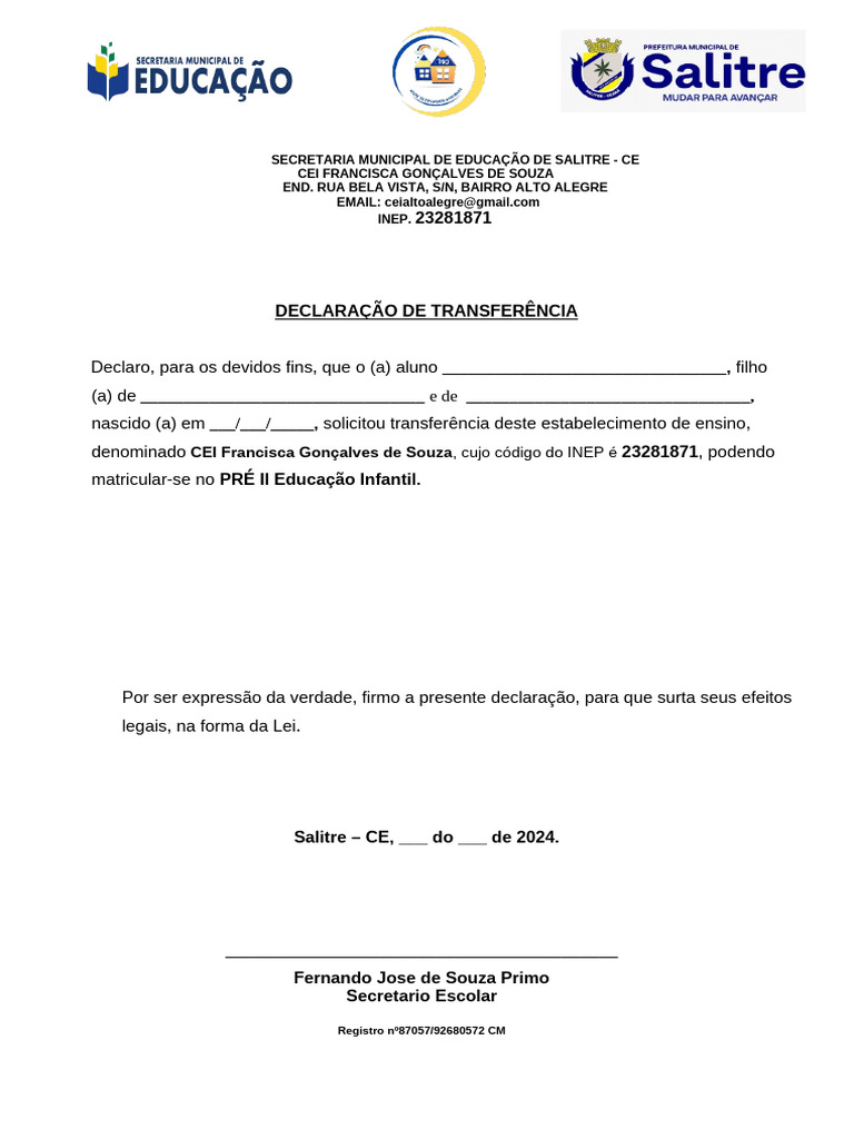 Declaração Transferencia Modelo | PDF